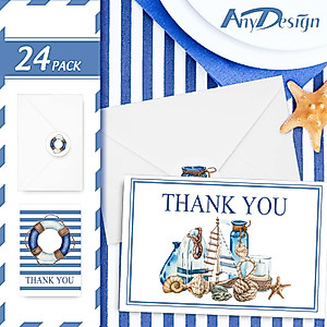 AnyDesign Cruise Staff Thank You Cards Set with Stickers Envelopes 24 Pack Blue Nautical Thank You Note Cards for Express Thanks to Ship Staff Birthday Baby Shower Party, 4 x 6 Inch