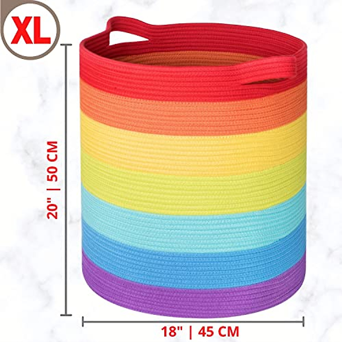 MINTWOOD Design Extra Large 20 x 18 Inches Decorative Woven Cotton Rope Basket, Tall Laundry Basket Hamper, Blanket Basket for Living Room, Round Storage Baskets for Pillows, Towels, Rainbow