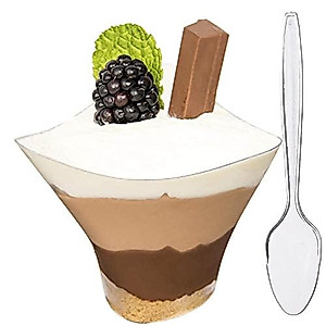 DLux 50 x 5 oz Mini Dessert Cups with Spoons, Large Swirl - Clear Plastic Parfait Appetizer Cup - Small Reusable Serving Bowl for Tasting Party Desserts Appetizers - With Recipe Ebook