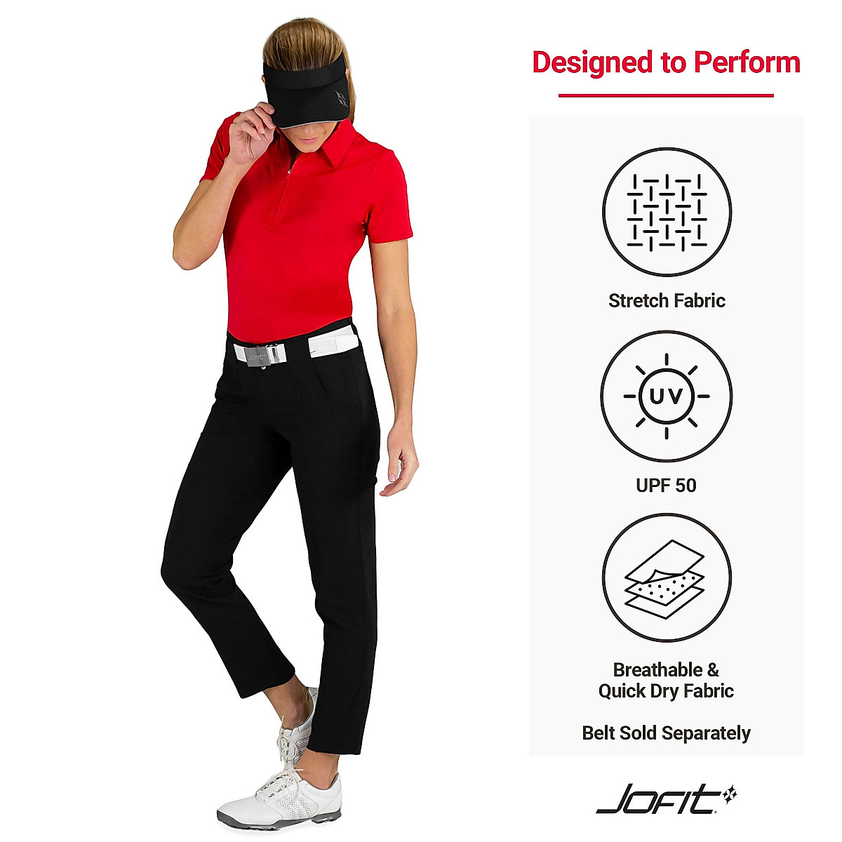 Jofit Apparel Women’s Athletic Clothing Belted Cropped Ankle Pant for Golf & Tennis, Size 12, Black