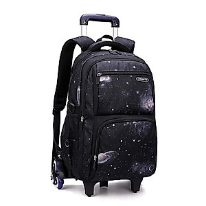Galaxy-Print Rolling-Backpack Boys-Bookbag on Wheels, Black Galaxy Wheel Backpack, Wheel Trolley Bag for School