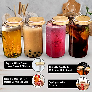EMBICER Glass Cups with Lids and Straws – Set of 4 16Oz Mason Jar Drinking Glasses with Neoprene Sleeves – Premium Glass Cups with Bamboo Lids, Reusable Straw – Ideal for Iced Tea, Lemonade, Cocktail