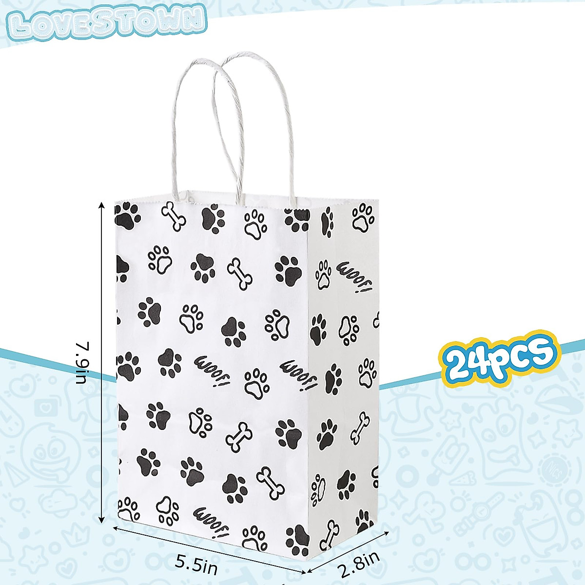 LovesTown 24PCS Candy Bags, Animal Party Favor Paw Prints Gift Bags with Handles Paper Retail Grocery Bags for Dog Pet Themed Party 5.5 x 2.8 x 7.9 inch