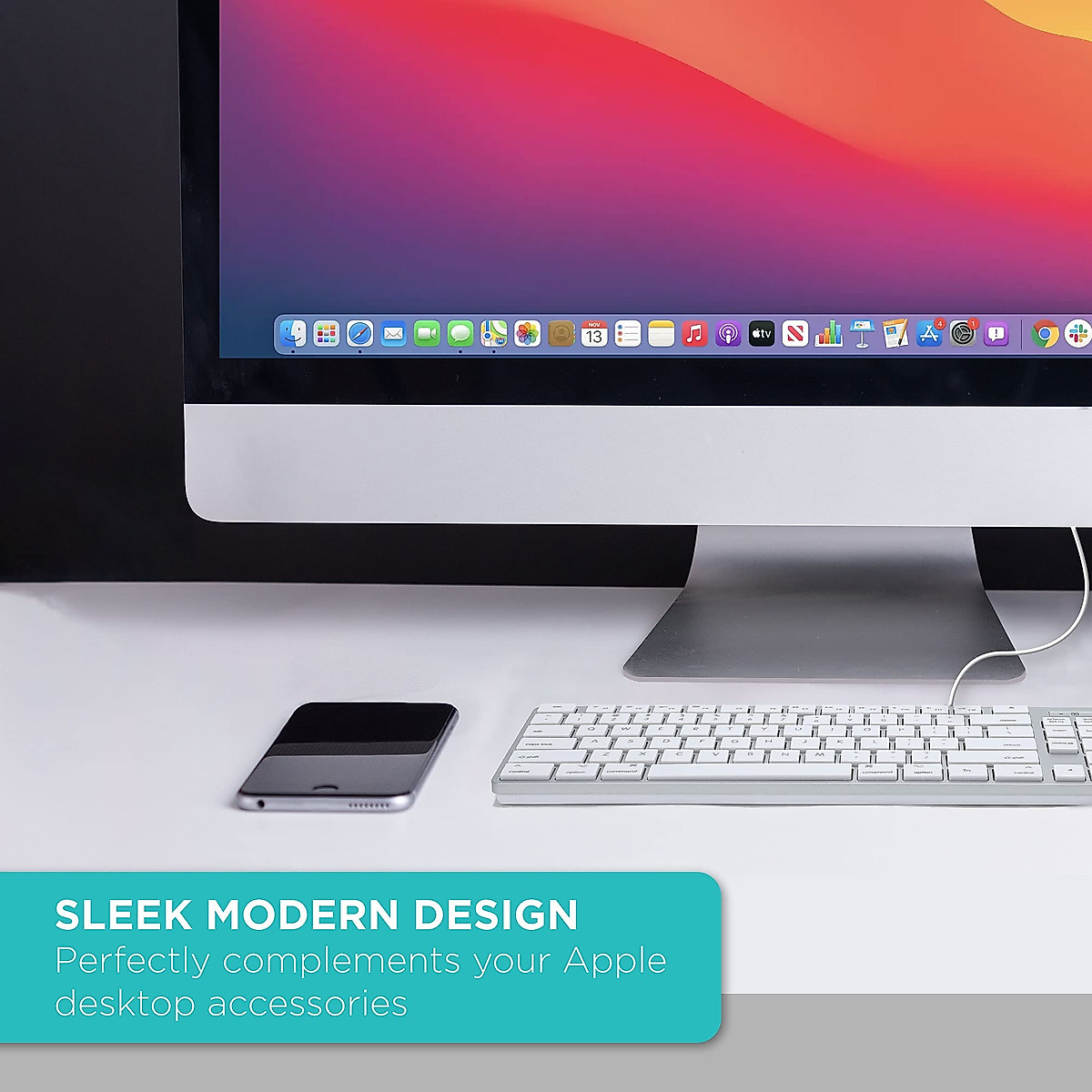 iHome Full Size Wired Keyboard - Compatible with Apple iOS or Windows - Sleek Mac and iMac Style Design - Desktop PC or Laptop