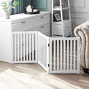 WELLAND Wooden Freestanding Pet Gate, 24 Inch 3 Panel Step Over Fence, Expands Up to 60" Wide, Foldable Indoor Dog Gate Puppy Safety Fence, White
