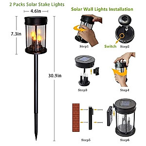 Outdoor Garden Solar Stake Lights Flickering Candle Lantern Lighting for Yard, Lawn, Patio, Pathway, Wall Decoration (2Pack, Black)