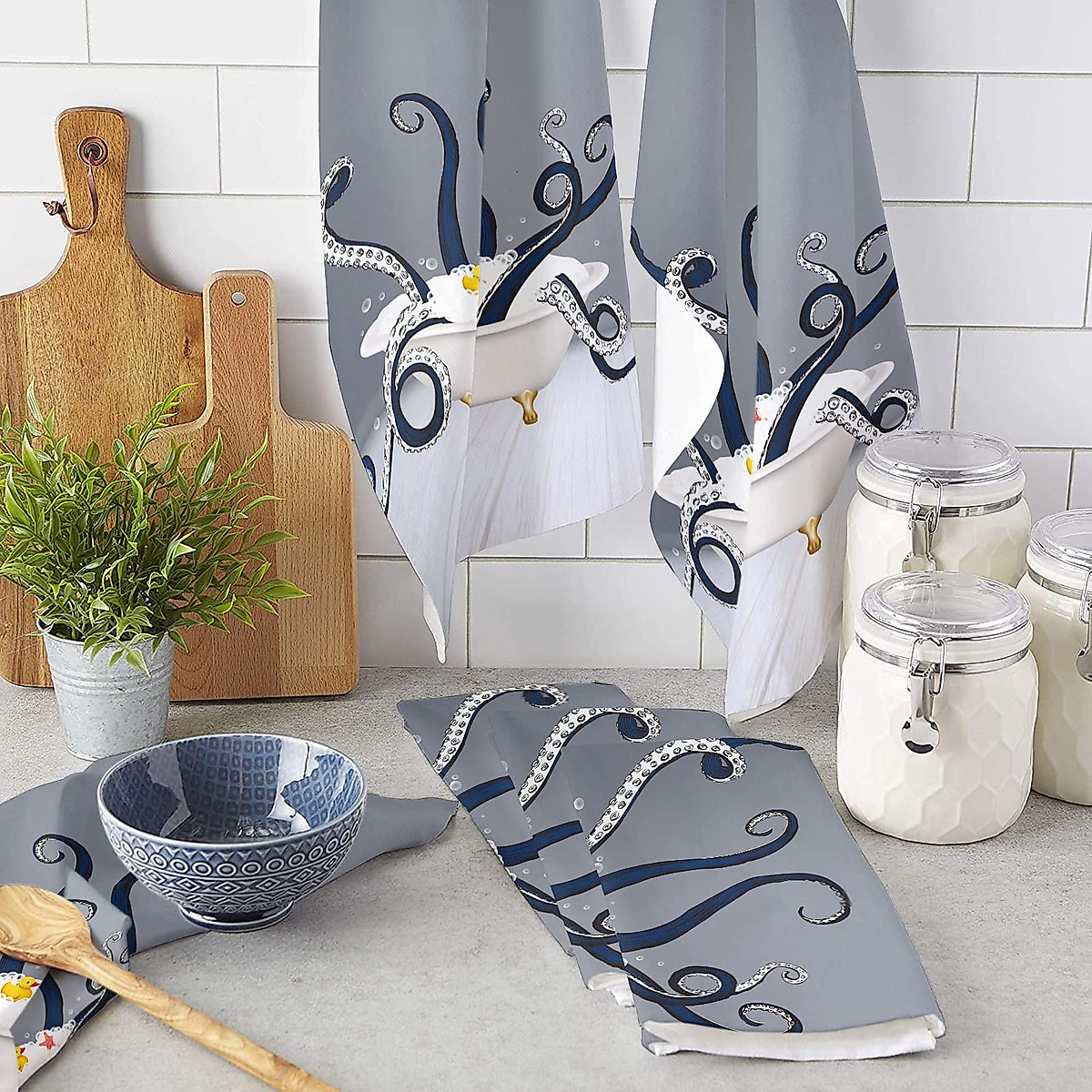 Chees D Zone Kitchen Towels Cotton Dish Towel,Octopus Bathtub Wood Board Grey Soft Dishcloth Absorbent Tea Towel,Funny Ocean Marine Reusable Washable Hand Towels 2 Pack