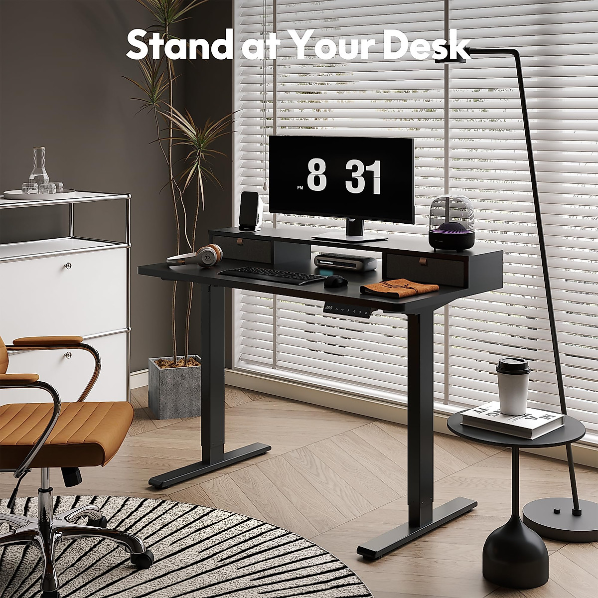 FLEXISPOT Electric Standing Desk with Drawer, Solid One-Piece Adjustable Height Desk with Storage Shelf, Ergonomic Monitor Stand for Computer Laptop (Black Frame/Black Top, 55 inch)