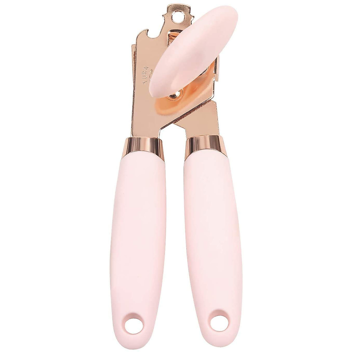 KAISHANE Rose Gold Stainless Steel Manual Can Opener With Durable Black Anti Slip Handles and Large Knob with Built In Bottle Cap Opener (Pink)