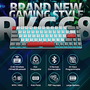 RK ROYAL KLUDGE RK G68 65% Wireless Mechanical Keyboard, Bluetooth5.1/2.4G/Wired Hot Swappable Mechanical Keyboard with 3 USB Ports, 68 Keys RGB Blue Switch for Mac Windows, Classical Red