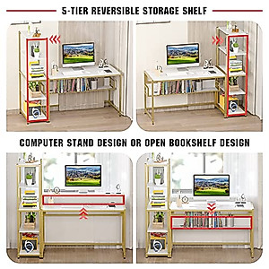 Teraves Computer Desk with 5 Tier Shelves,Reversible Writing Desk with Storage 49 Inch Study Table for Home Office Independent Bookcase and Desk for Multiple Scenes (Desk+Shelves, White+Gold Frame)