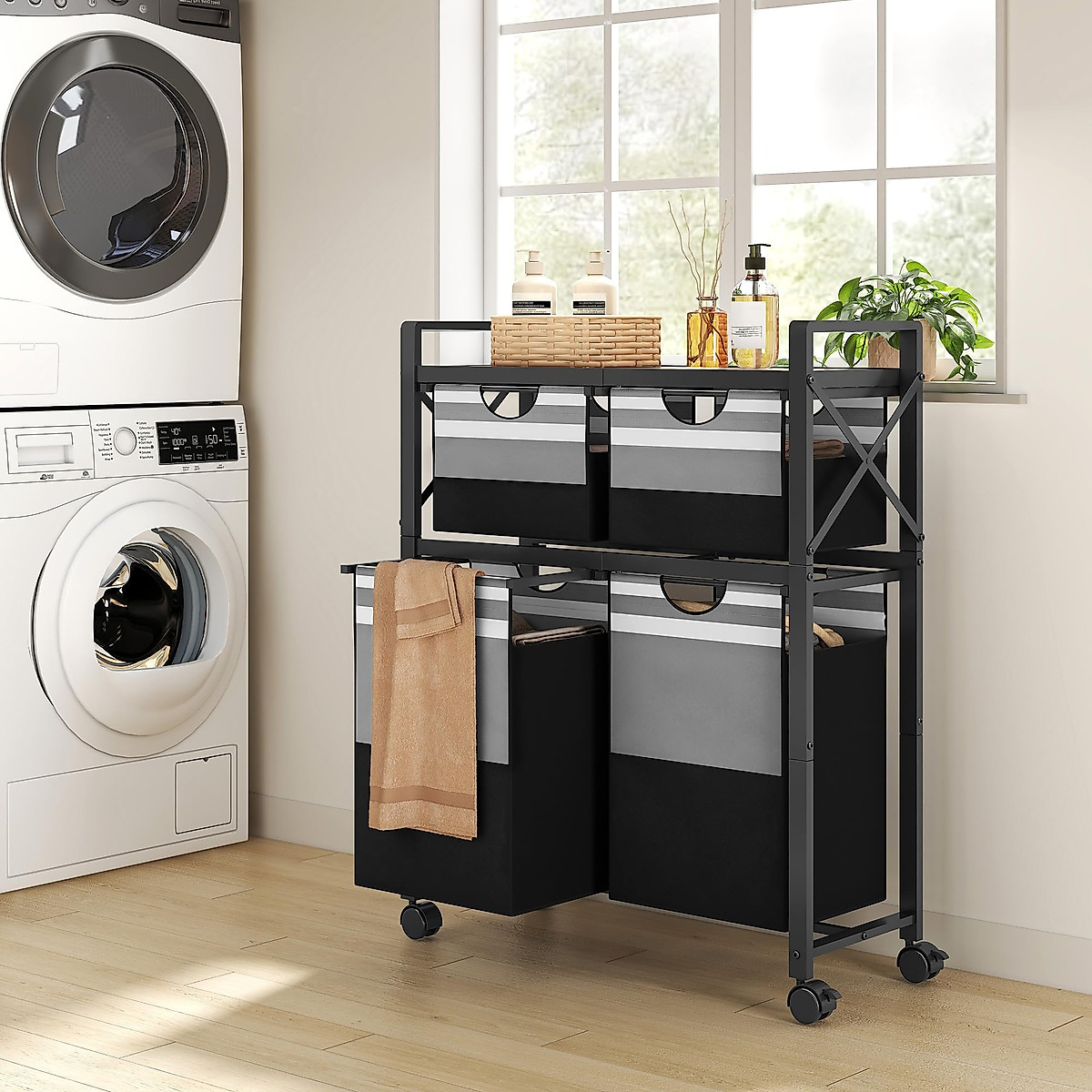 2 Tier Laundry Sorter with Shelf, 140L Laundry Sorter 4 Sections, Laundry Basket Organizer with Rolling Wheels, Grey Black