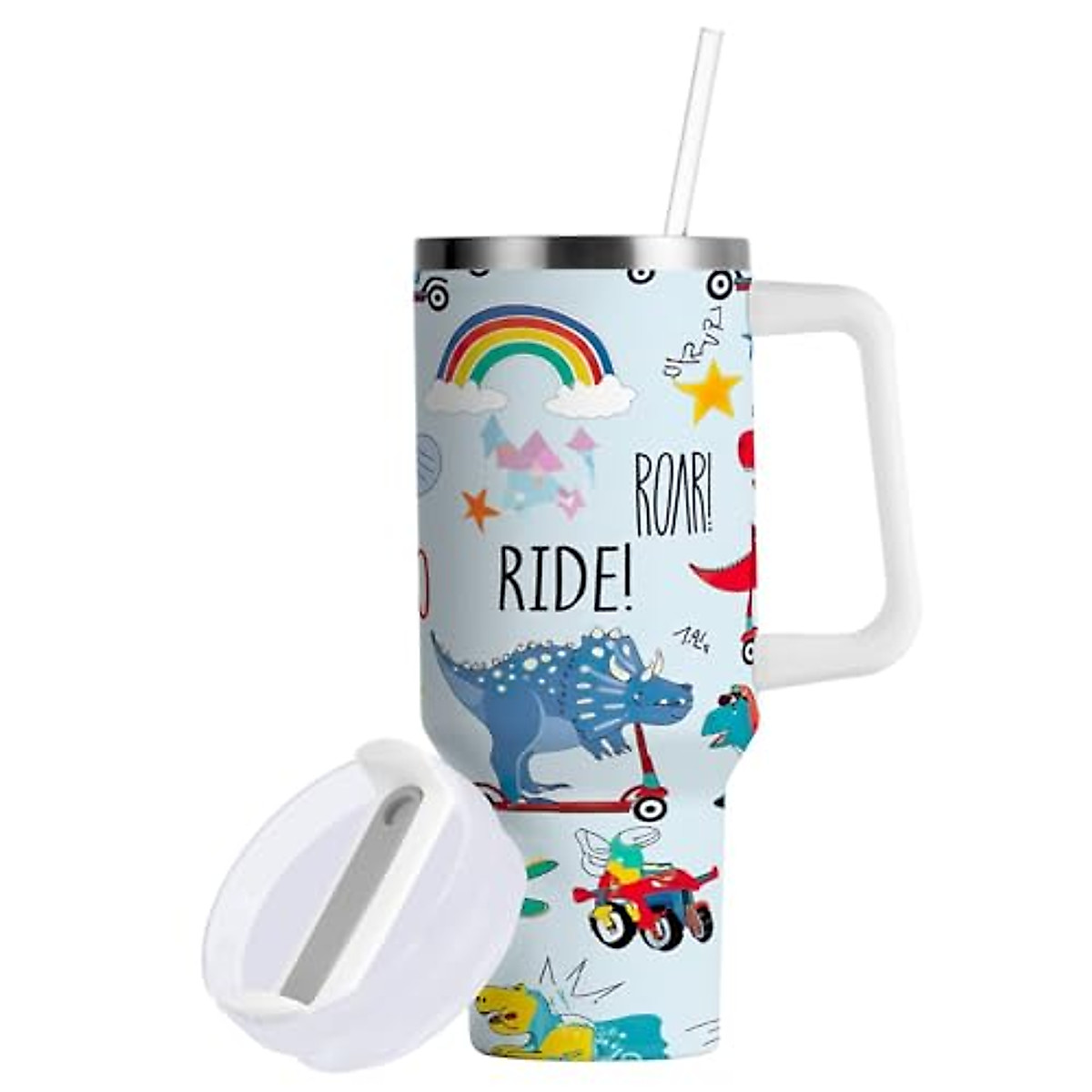 RPLIFE Playful Dinosaurs 40 Oz Tumbler with Handle and Straw, Stainless Steel Water Bottle with Straw, Coffee Tumbler for Women