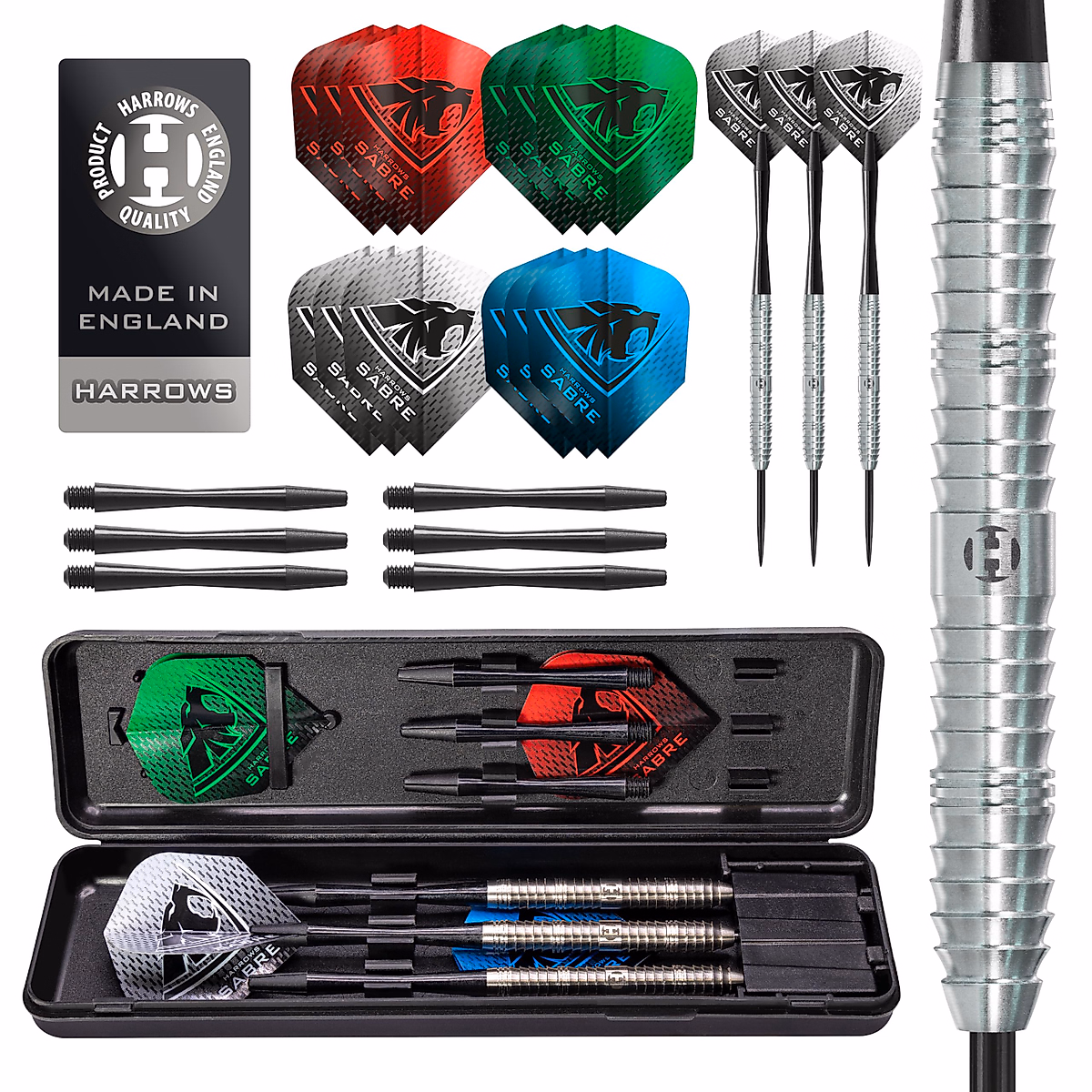 Harrows Sabre 90% Tungsten Steel Tip Darts Set I 21g to 26g All Weights Available I Huge 24pcs Bundle with Spare Shafts, Prime Flights & Travel Case (22 Grams)