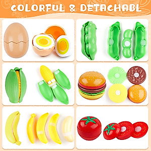 FLMRIOY 77 Pcs Cutting Play Food Toys for Kids Kitchen Accessories Peel & Cut Fruits and Vegetables Pretend Role Play Set with Storage Basket Fake Food Toys for Toddlers Children's Day Gift