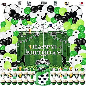 Soccer Birthday Party Decorations, 178 Pcs Soccer Ball Theme Party Supplies for Boys Baby - Banner, Cake, and Cupcake Toppers, Balloons. Hanging Swirl, Backdrop, Soccer Stickers