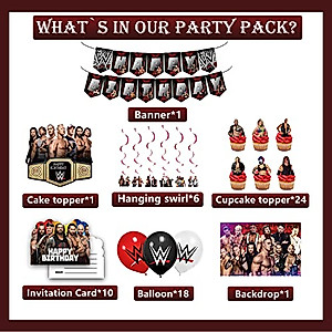 Wrestling Birthday Party Decorations, Wrestling Party Supplies Set Include Banners, Cake Topper, Cupcake Toppers, Balloons, Hanging Swirls, Invitation Cards, Background, Boxing Match Birthday Party Decorations for Boys