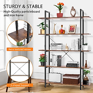 VIVOHOME 5-Tier Bookshelf, Industrial Bookcase, Open Storage Display Rack, Stable Metal Frame, Organizer Shelf for Living Room, Bedroom, Home Office