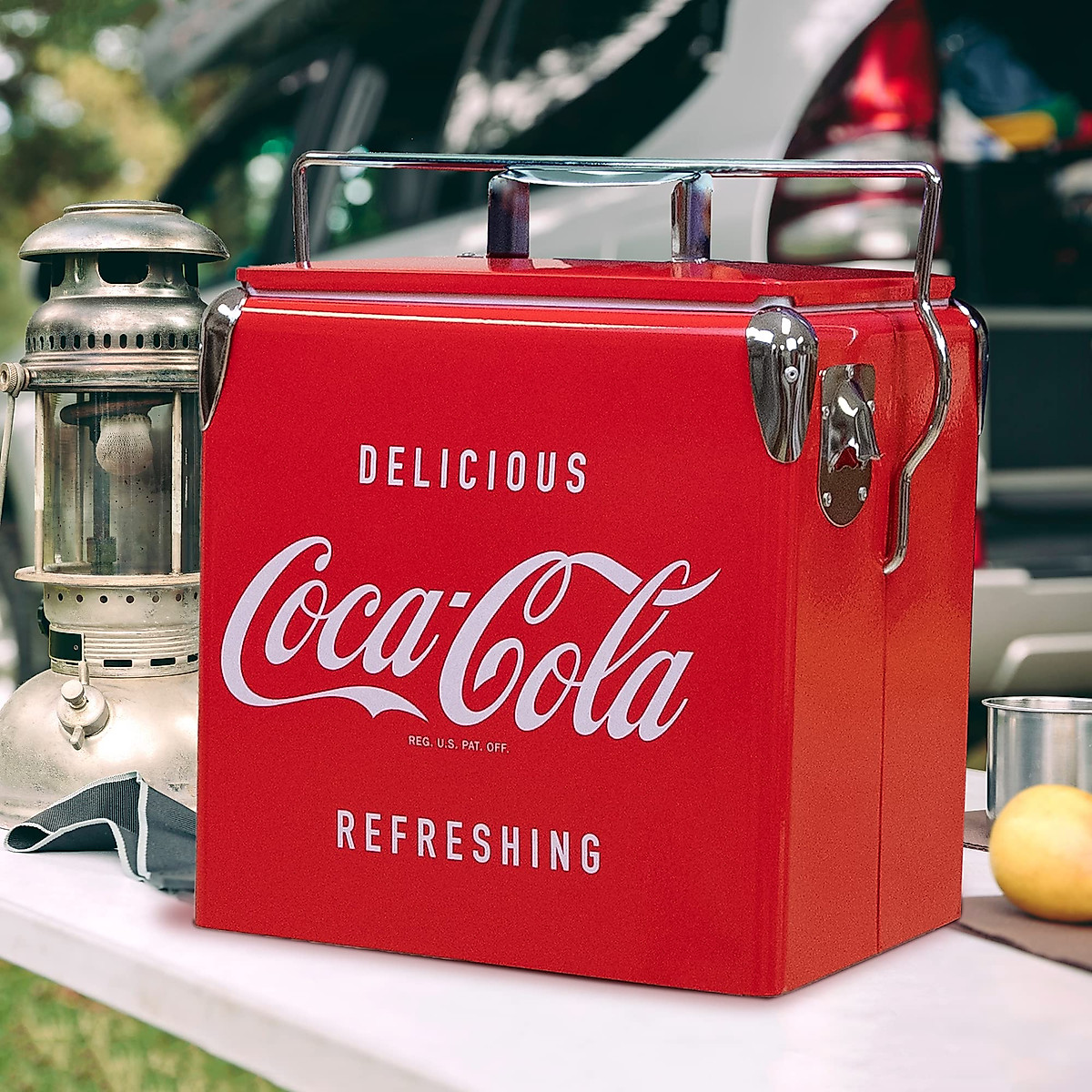 Coca-Cola Retro Ice Chest Cooler with Bottle Opener 13L (14 qt), 18 Can Capacity, Red and Silver, Vintage Style Ice Bucket for Camping, Beach, Picnic, RV, BBQs, Tailgating, Fishing