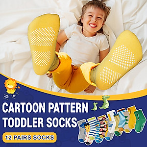 HYCLES Toddler Non-Skid Grips Socks 12 Pairs Baby Kids Sticky Slipper Cotton Crew Socks 1-3 Years Children/Boy/Girl