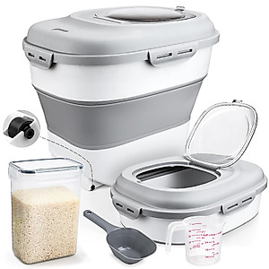 Komzon Rice Storage Bin Cereal Containers, 13-50lb Collapsible Rice Container Dispenser with Transparent Lid, Rolling Wheels, Measuring Cup and Scoop, Airtight Dog Cat Pet Food Storage Container White