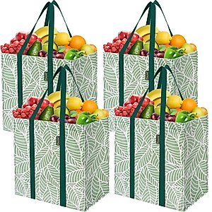 BALEINE 4 PK Grocery Bags Reusable Shopping Bags with Reinforced Bottom, Heavy Duty Foldable Tote Bags (Antique Folidage)