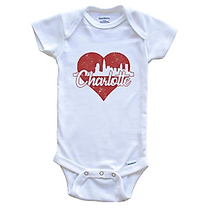 Retro Charlotte North Carolina Skyline Red Heart One Piece Baby Bodysuit, 0-3 Months White