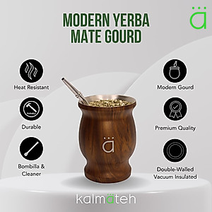Kalmateh Yerba Mate Gourd Set - Traditional Modern Mate Cup Includes Bombilla Filter Straw and Cleaning Brush- Double Walled Stainless Steel (Wood, 8.6 oz)