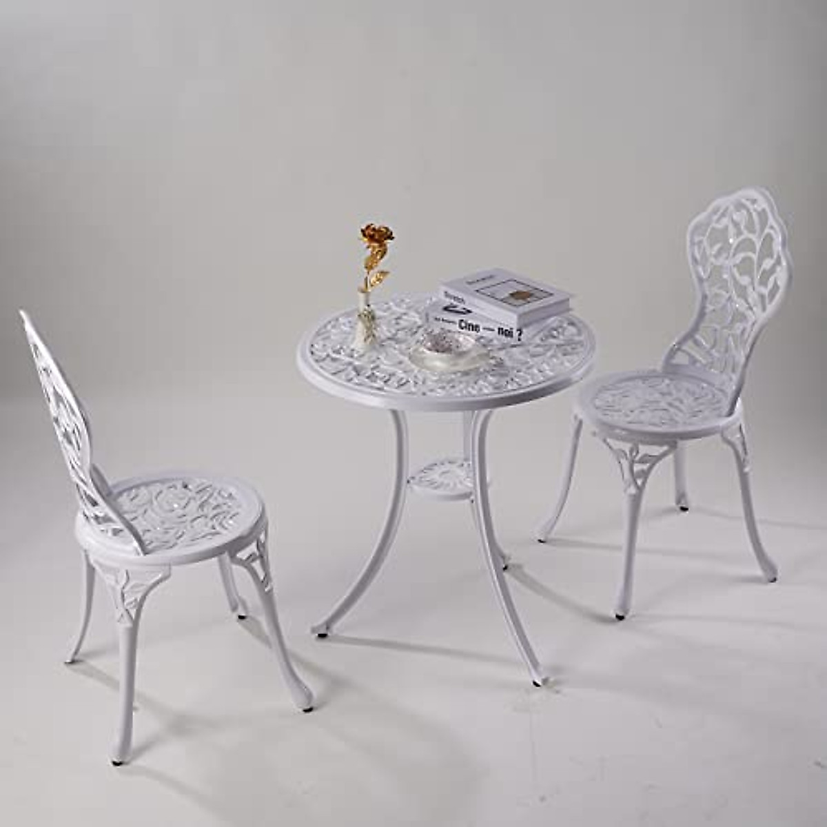 KAI LI Patio Bistro Sets 3 Piece cast Aluminum Patio Furniture Outdoor Garden Metal Rust Proof Tables and Chairs White bisrto Set (Leaf-White)