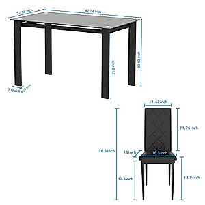 Yoglad Dining Table and Chairs, Dining Table/Chairs Set, Simple Style Table with Tempered Glass Top, Clean-Cutting Faux Leather Chairs, for Kitchen & Dining Room (Chairs*4 & Table*1, Set of 5, Black)