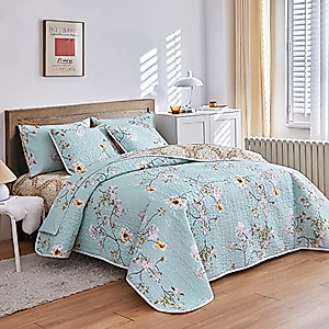 Joyreap 3 Pieces Reversible Floral Quilt Set Aqua, Microfiber Soft Quilt, Elegant Flower Design Bedspread, Lightweight Bed Cover for All Season, 1 Quilt n 2 Pillow Shams (Full/Queen, 90x90 inches)