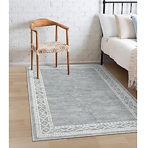 Lahome Modern Bordered Washable Bedroom Rug - 3x5 Rugs for Living Room Ultra-Thin Soft Gray Rug for Entryway Bedroom, Non-Slip Stain Resistant Small Carpet for Laundry Bedroom Office（3'x 5',Grey