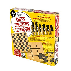 Regal Games - Reversible Wooden Board for Chess, Checkers & Tic-Tac-Toe - 24 Interlocking Wooden Checkers and 32 Standard Chess Pieces - for Age 8 to Adult for Family Fun