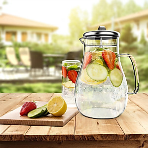 Classic Cuisine Glass Pitcher-64oz. Carafe with Stainless Steel Filter Lid-Heat Resistant to 300F-For Water, Coffee, Tea, Punch, Lemonade and More, 64 oz, Clear