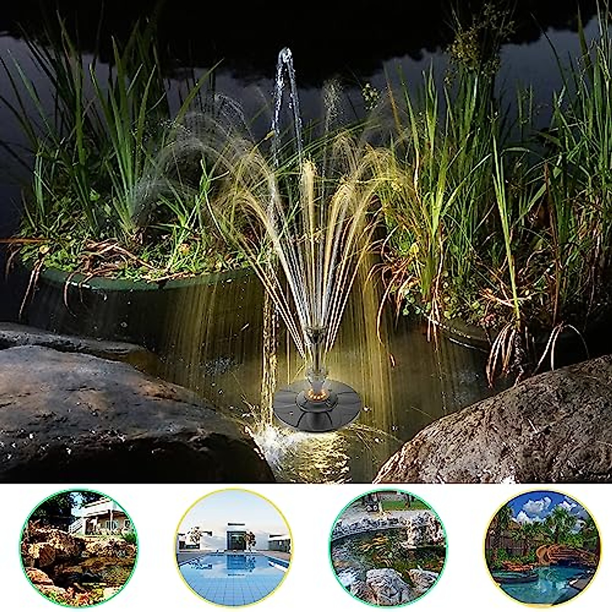 Jutai Floating Pond Fountain Pump with LED Lights Electric 2 Tier Spray, 2023 Plug in DC 12V Outdoor Water Fountain Waterfall for Small Ponds, Garden, Inground Pools, 32.8ft Power Cord(Warm White)