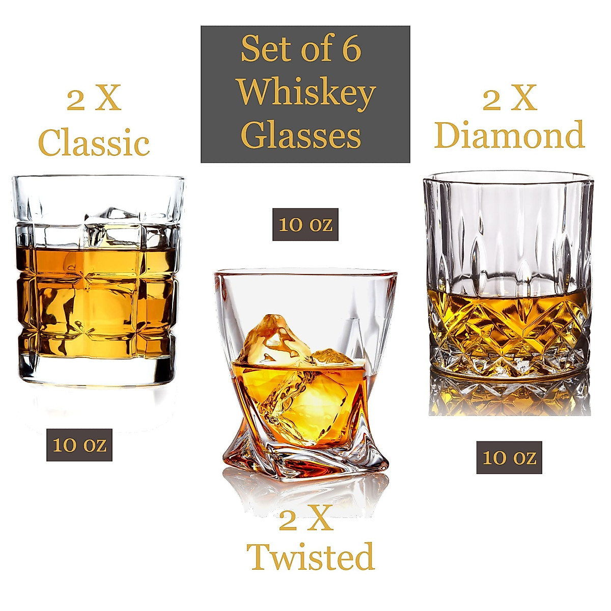 Bezrat Whiskey Glasses Set of 6 - Multi Style shot glasses - 10 oz scotch glasses - Rocks glasses Barware For Scotch, Bourbon, Liquor and Cocktail Drinks, Bourbon gifts for Men