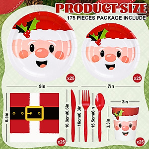 Whaline 175Pcs Christmas Party Tableware Set 7 and 9 Inch Santa Claus Paper Plates 6.5 Inch Santa Belts Napkins Cute Xmas Disposable Cups and Red Fork Spoon Knife Kit for Xmas Holiday Dinner Supplies