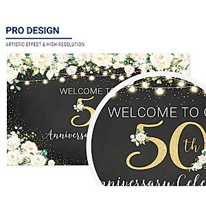 Allenjoy Black and Gold Floral Happy 50th Anniversary Backdrop for Love Cheers to 50 Years Wedding Birthday Party Supplies Decorations Banner Home Decor Photo Booth Props Gifts Background