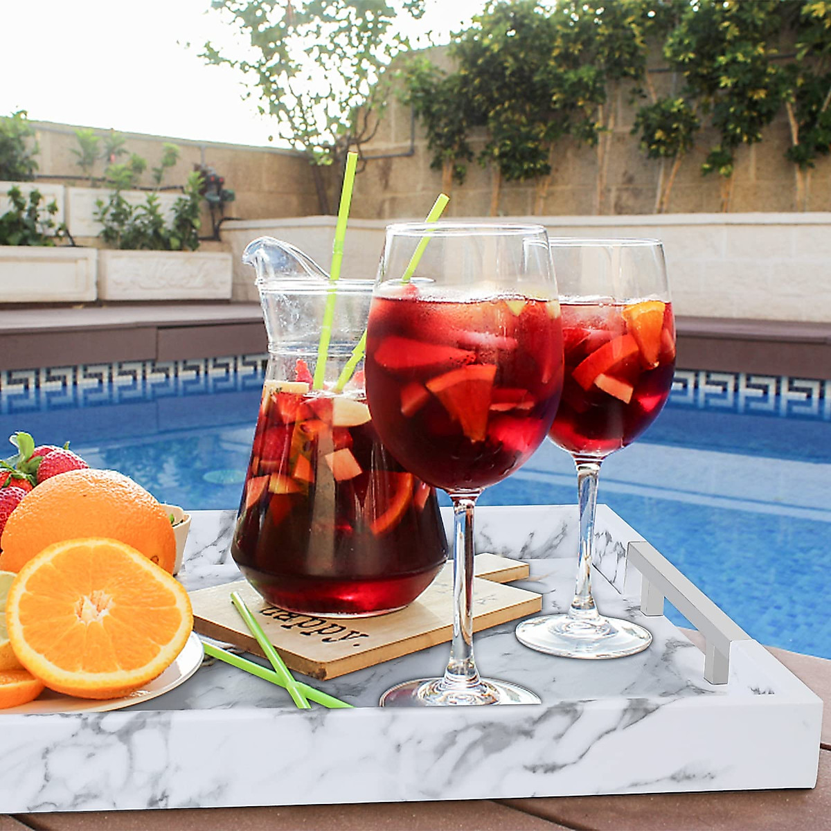 YAMILAN-17 x12 Serving Tray with Gold Polished Metal Handles,Decorative Tray for Coffee Table,Ottoman Tray for Living Room,Modern Elegant Rectangle Leather Trays for All Occasions/White Marble