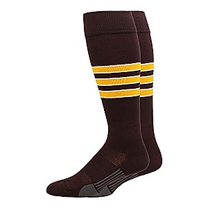 MadSportsStuff Dugout 3 Stripe Baseball Socks (Brown/Gold/White, Medium)
