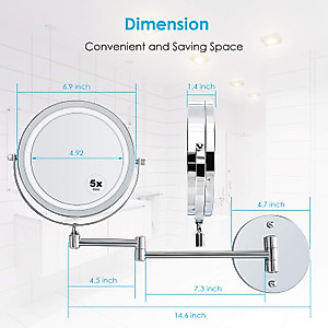 ALVOROG Wall Mounted Makeup Mirror LED Lighted Double Sided 5X Magnification 360° Swivel Extendable Cosmetic Vanity Mirror for Bathroom Hotels, Powered by Batteries (Not Included)-7 inches