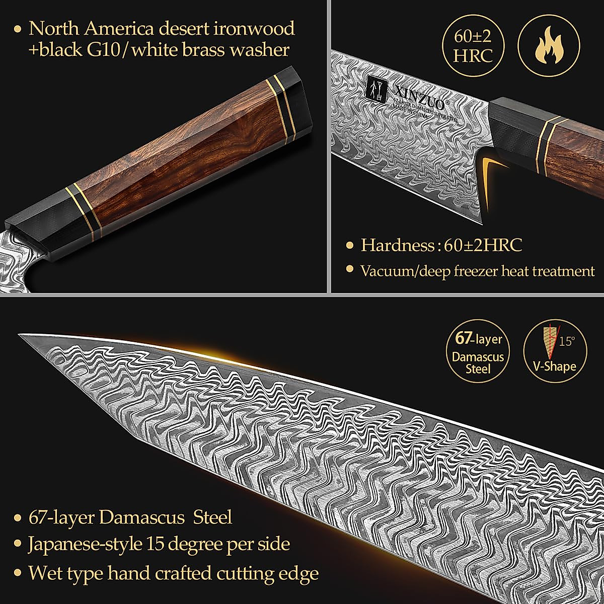 XINZUO 8.5 inch Chef Knife Damascus Steel Hand Forged Kiritsuke Kitchen Knife, Professional Gyuto Knife-Desert Ironwood Handle with Black Walnut Wooden Sheath and Acacia Wooden Box