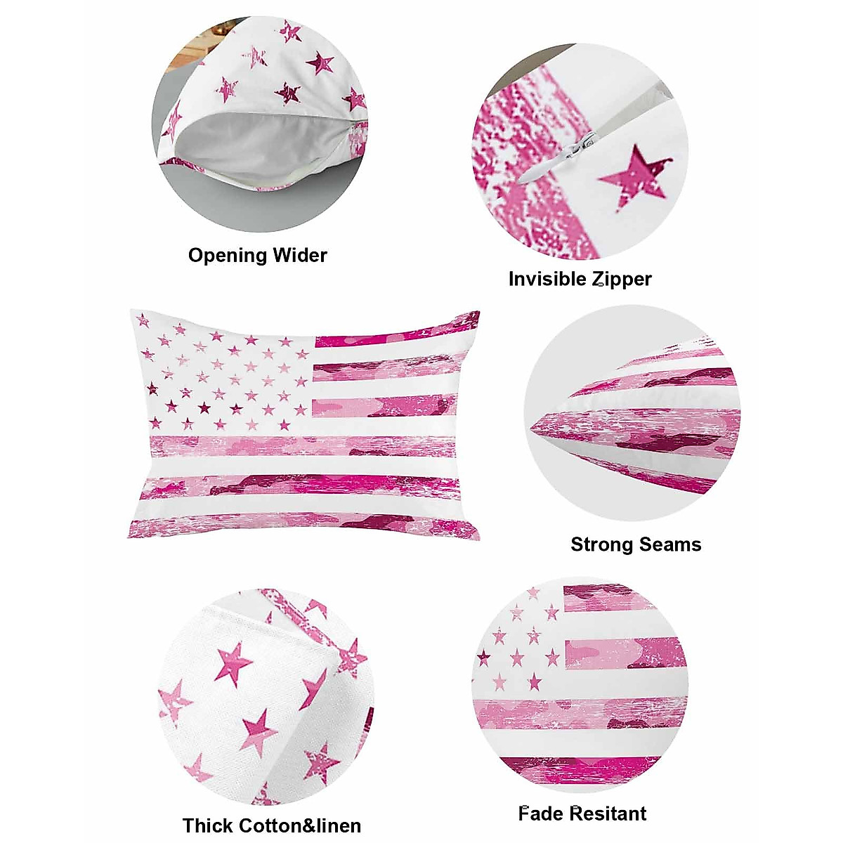 Pillow Cases Linen Pillow Shams Independence Day Pink Camo American Flag Patriotic Pillow Cases Set of 2 12x20 Inches Pillowcases Rectangle Cushion Covers Flax Soft Linen Pillow Covers for Couch Sofa