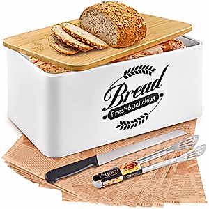 AOSION Metal Bread Box for Kitchen Countertop, All-In-One Large Bread Boxes with Bamboo Cutting Lid, Bread Storage Fresher For Longer, White