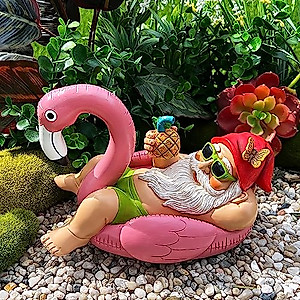 Mood Lab Garden Gnome on Flamingo - Funny Gnome Figurine - 8 Inch Depth Lawn Statue - for Outdoor or House Decor