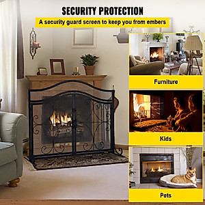VEVOR Fireplace Screen, 39 x 26.6 Inch, Double Door Iron Freestanding Spark Guard with Support, Metal Mesh Craft, Broom Tong Shovel Poker Included for Fireplace Decoration & Protection, Black