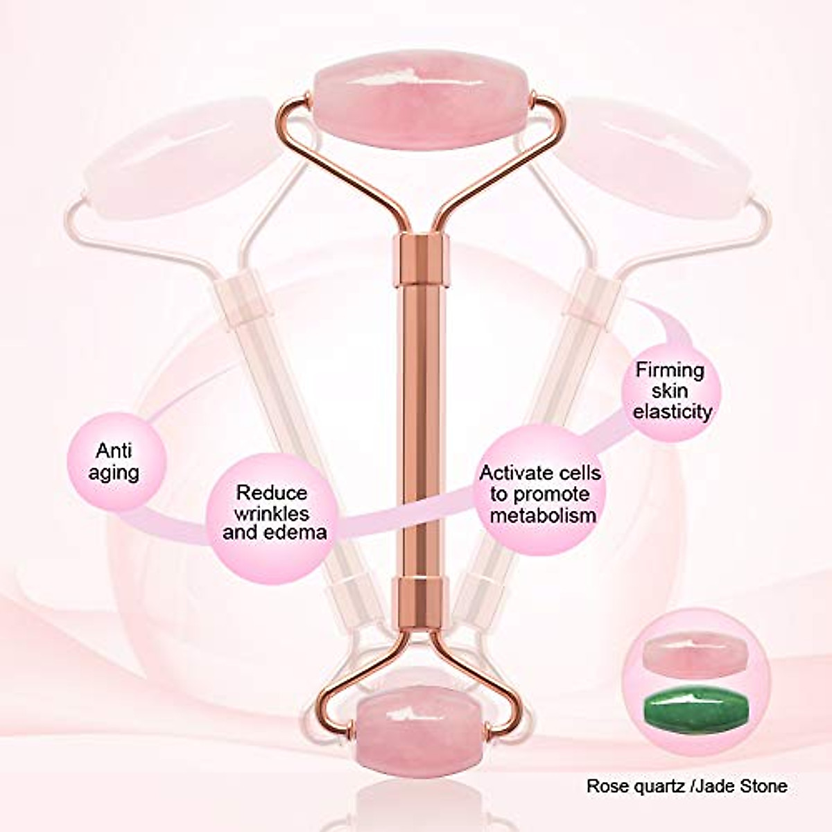 ZS ZESHIN (2 Pack) Jade Facial Roller & Rose Quartz Face Roller for Wrinkles and Puffiness, Natural Jade Stone Face Massager Roller
