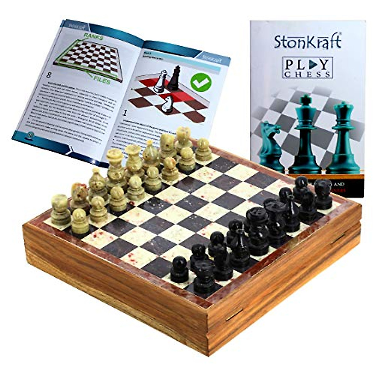 StonKraft - 8" X 8" Chess Board with Wooden Base with Stone Inlaid & Stone Pieces Game Set