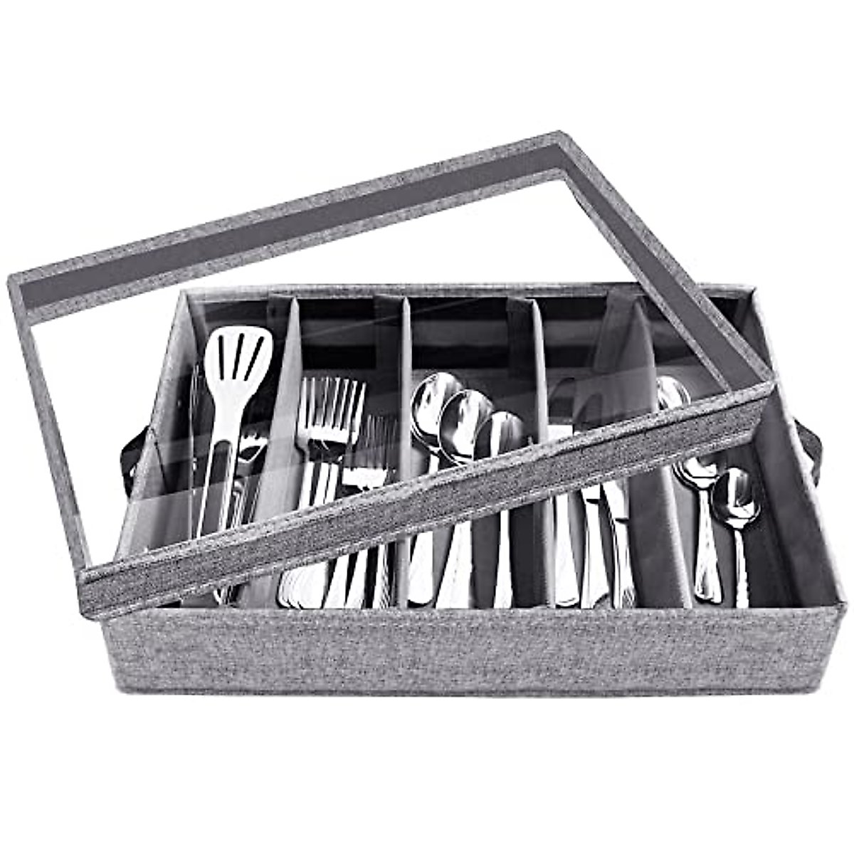 VERONLY Silverware Storage Box - Flatware Case Chest Box, 5 Compartment Tableware Cutlery Container with Removable PVC Lid and Easy to Carry Handles,Large Capacity Utensils(Light Grey)