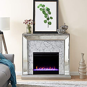 SEI Furniture Trandling Mirrored & Faux Marble Color Changing Electric Fireplace, Antique Silver-White Marble